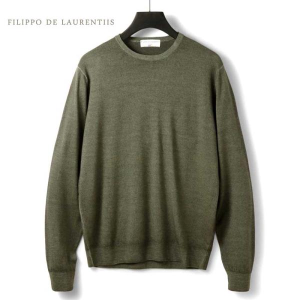 【35%OFF】FILIPPO DE LAURENTIIS / フィリッポ デ ローレンティス｜ガーメントダイウールハイゲージクルーネックニット(GC1ML/RM16RV)｜（モスグリーン）｜ 秋冬 セーター スーパーファインメリノウール ...