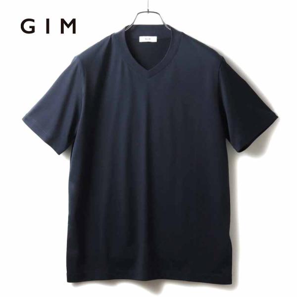 GIM / ジム｜プラチナフェイスコットン半袖スロープVネックＴシャツ｜（ネイビー）｜ 春夏 半袖Tシャツ 半袖カットソー ショートスリーブ スロープネック メンズ 日本製 アウトレット