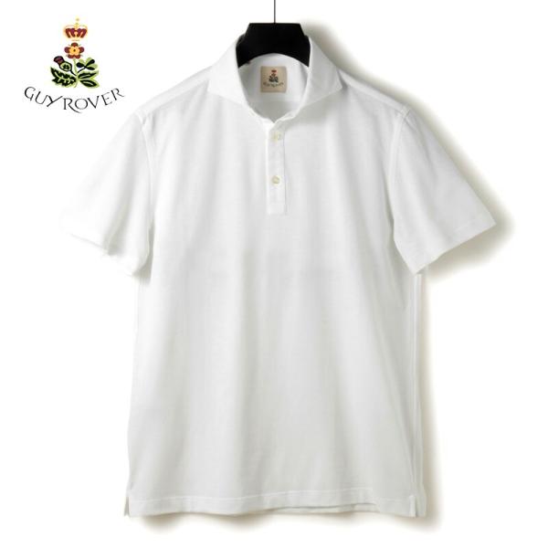 GUY ROVER / ギローバー｜コットン鹿の子カッタウェイカラー半袖ソリッドポロシャツ(3850PC207J)｜（ホワイト）｜ 春夏 半袖ポロシャツ ホリゾンタルカラー ピケ メンズ イタリア アウトレット