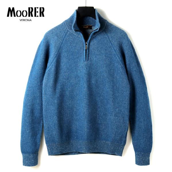 【50%OFF】 MOORER / ムーレー｜リブ編みウールカシミヤミドルゲージハーフジップニット(FEDRO-WSV)｜（CHINA BLUE/GREY）｜ 秋冬 長袖ニット セーター スタンドカラーニット ラグランスリーブ カシミア メ...
