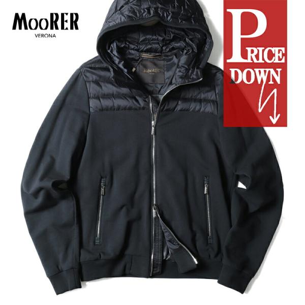 【40%OFF】 MOORER / ムーレー｜コットンジャージー×ナイロン切替しフーデッドジップダウンブルゾン(JODY-FSH)｜（BLUE NAVY）｜ 3シーズン ジップパーカー フーディー スプリングアウター ダウンジャケット ジョ...