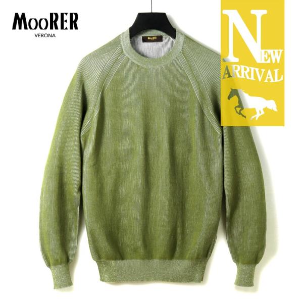 【50%OFF】 MOORER / ムーレー｜コットンリブ編みクルーネックプレーティングニット(CORNELIUS-VSP)｜（PISTACCHIO/BIANCO）｜ 春夏 セーター 長袖ニット クルーネックニット ラグランスリーブ メンズ...