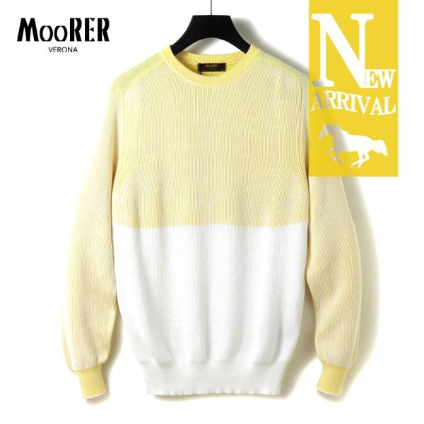 【55%OFF】 MOORER / ムーレー｜コットンリブ編みバイカラークルーネックプレーティングニット(PITT-VRP)｜（BIANCO/GIALLO）｜ 春夏 セーター 長袖ニット クルーネックニット ラグランスリーブ メンズ イタリ...