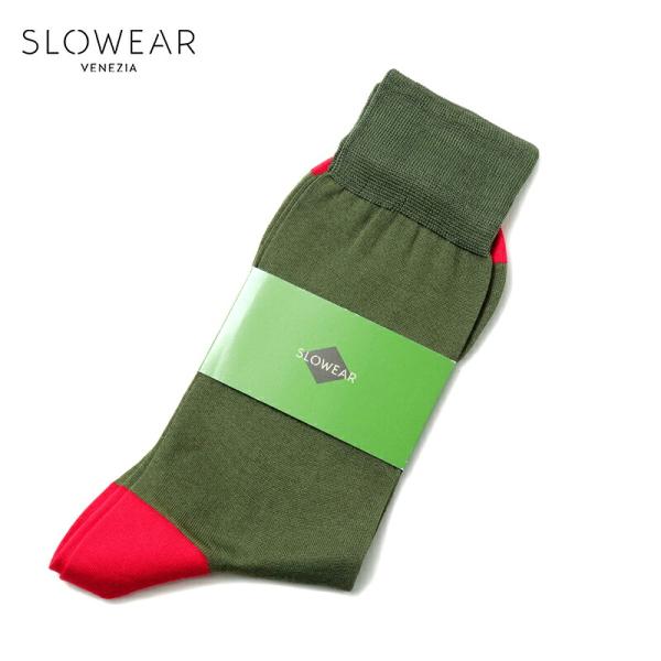 【30%OFF】SLOWEAR / スローウェア｜コットンバイカラーソックス(79CP05/SW840)｜（オリーブ×レッド）｜ 【ネコポス対応】/靴下 コットンソックス カラーソックス 平編み ギフト メンズ イタリア アウトレット