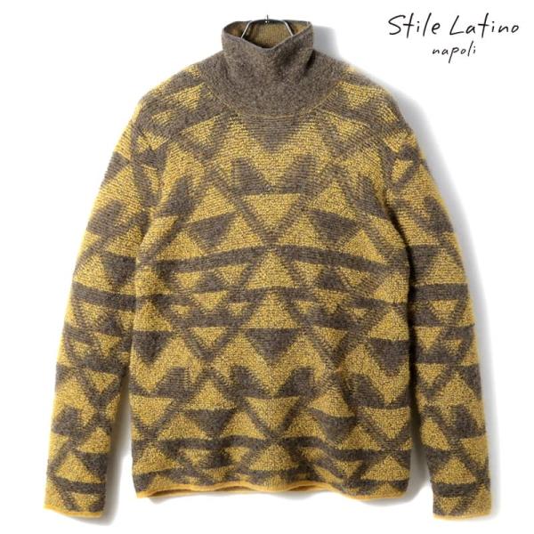 Stile Latino / スティレラティーノ ジオメトリック柄ウールヤク混ミドルゲージタートルネックニット(MU8 LUP CR/MGM2030A)（キャメルイエロー×ブラウングレー）/ 秋冬 ヴァージンウール ヤク モックネックニット...