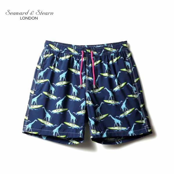 Seaward ＆ Stearn / シーワード＆スターン｜サーフィンジラフ柄プリントナイロンスイムショーツ｜（ネイビー基調）｜ 【ネコポス対応】/春夏 Seaward＆Stearn 水着 スイムウェア ビーチウェア ビーチショーツ ボード...