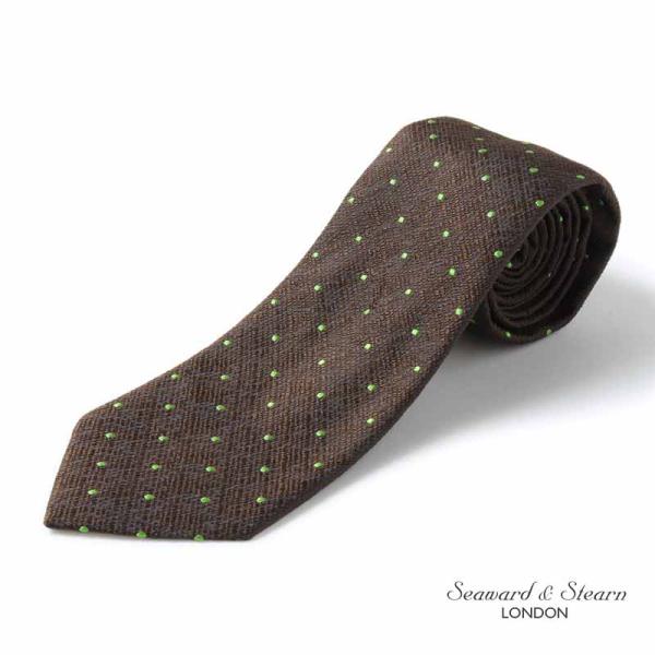 Seaward ＆ Stearn / シーワード＆スターン｜シルクジャカードドット柄ネクタイ｜（ブラウン×ライムグリーン）｜ 【ネコポス対応】/Seaward＆Stearn シルクネクタイ 水玉 ビジネス メンズ イギリス アウトレット