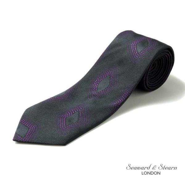 Seaward ＆ Stearn / シーワード＆スターン｜シルクジャカードスクエア柄ネクタイ｜（ダークグレー×パープル）｜ 【ネコポス対応】/Seaward＆Stearn シルクネクタイ ジオメトリック ビジネス メンズ イギリス アウトレット