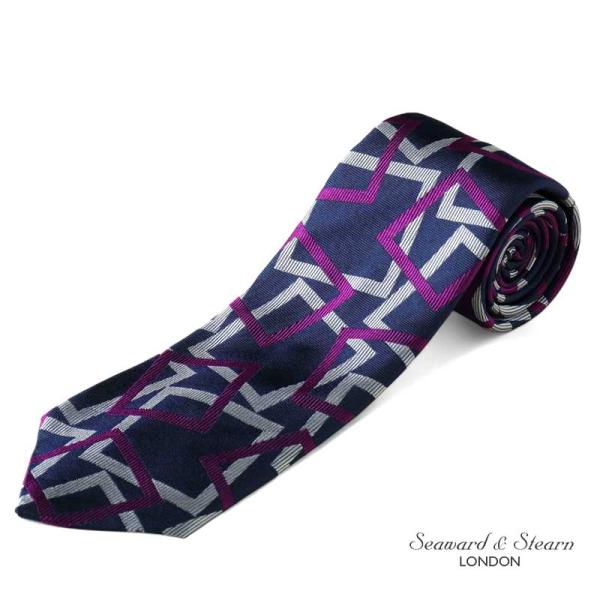 Seaward ＆ Stearn / シーワード＆スターン｜シルクジャカードスクエア柄ネクタイ｜（ネイビー×パープル×シルバー）｜ 【ネコポス対応】/Seaward＆Stearn シルクネクタイ ジオメトリック ビジネス メンズ イギリス ...