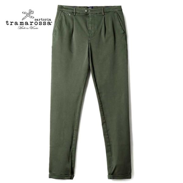 【50%OFF】tramarossa / トラマロッサ｜ガーメントダイコットンスーパーストレッチドリル1プリーツテーパードパンツ(ALBERTO)｜（モスグリーン）｜ スラックス ボトムス チノパンツ 製品染め かつらぎ アルベルト メンズ...