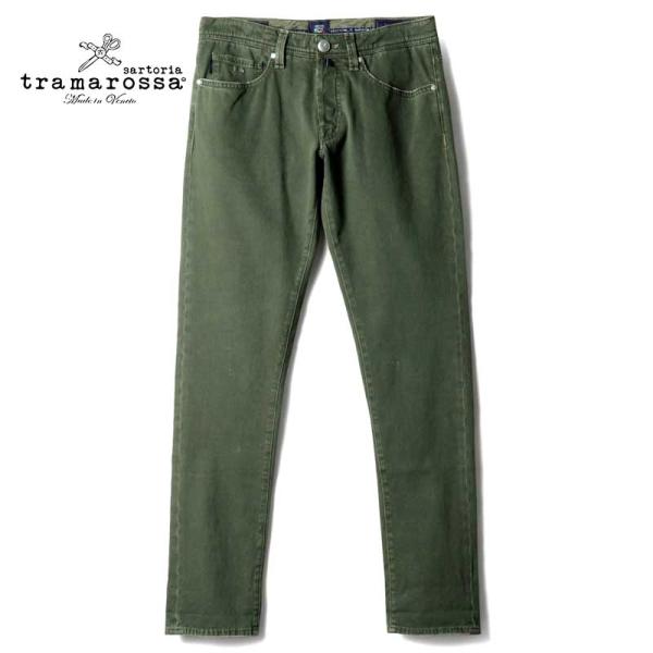 【50%OFF】tramarossa / トラマロッサ｜ガーメントダイコットンストレッチギャバジン5ポケットスリムテーパードパンツ(LEONARDO BUTTONS)｜（モスグリーン）｜ 秋冬 ボトムス  5ポケットパンツ チノパンツ 製品...