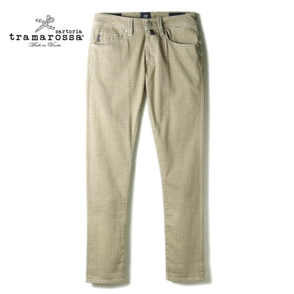 【60%OFF】 tramarossa / トラマロッサ｜チェック柄コットンスーパーストレッチツイル5ポケットスリムテーパードパンツ(LEONARDO ZIP)｜（ベージュ基調）｜ 秋冬 ボトムス 5ポケットパンツ ジャージーパンツ フラン...