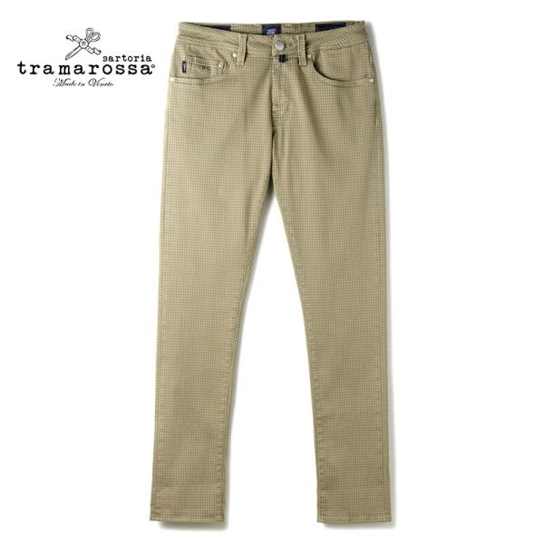 【60%OFF】 tramarossa / トラマロッサ｜千鳥格子柄コットンスーパーストレッチ5ポケットスリムテーパードパンツ(LEONARDO ZIP)｜（ベージュ基調）｜ 秋冬 ボトムス イージーパンツ ジャージーパンツ ハウンドトゥー...