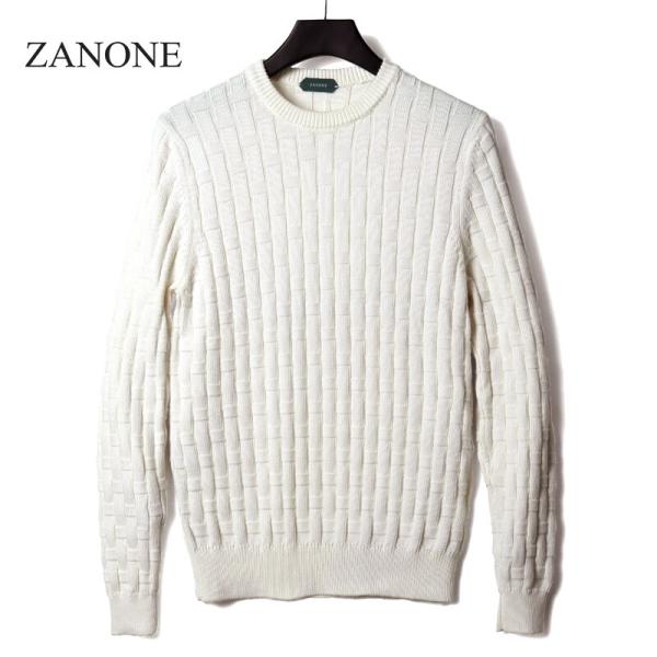 【35%OFF】 ZANONE / ザノーネ｜バスケット編みコットンミドルゲージクルーネックニット(811258 ZM361)｜（オフホワイト）｜ 春夏 セーター 長袖ニット イントレチャートニット クルーネックニット 7ゲージ 7G メン...