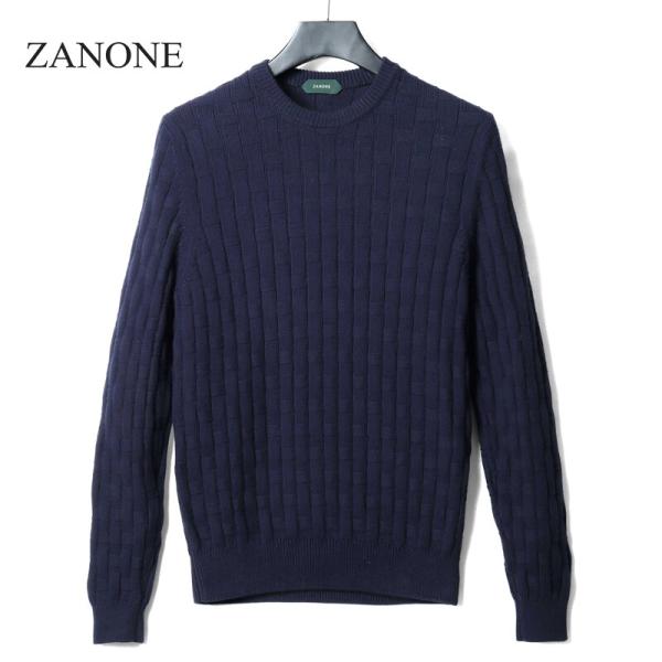 【35%OFF】 ZANONE / ザノーネ｜バスケット編みコットンミドルゲージクルーネックニット(811258 ZM361)｜（ネイビー）｜ 春夏 セーター 長袖ニット イントレチャートニット クルーネックニット 7ゲージ 7G メンズ ...