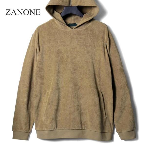 【35%OFF】 ZANONE / ザノーネ｜コットンパイルジャージープルオーバーパーカー(812965 ZM339)｜（キャメルベージュ）｜ 春夏 プルオーバーパーカー フーディー パイルニットパーカー フーデッド 製品染め メンズ アウ...
