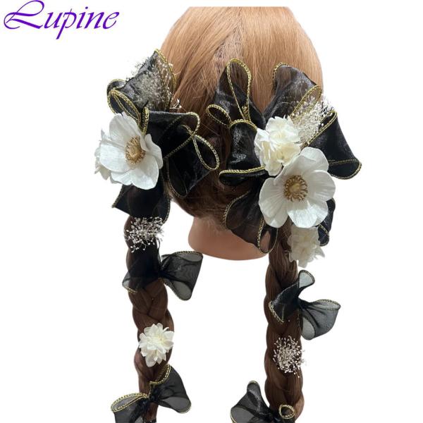 髪飾り  オーガンジーリボンブラック ２ｍ×2本  アネモネ　２本 他 計10本【セット内容】★アーティフィシャルフラワーアネモネ　２本　ホワイトゴールド★プリザーブドフラワーあじさい　２本かすみ草　2本かすみ草小　2本オーガンジーリボンブ...