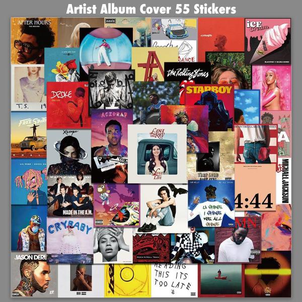洋楽アーティストのアルバム ジャケット ステッカー55枚セット。スマホ、楽器やパソコン、スーツケース、スケートボードなどに最適！1枚あたりの縦横寸法は約4.45cmです。【セット内容】6ix9ine21 SavageAC/DCBeyonce...