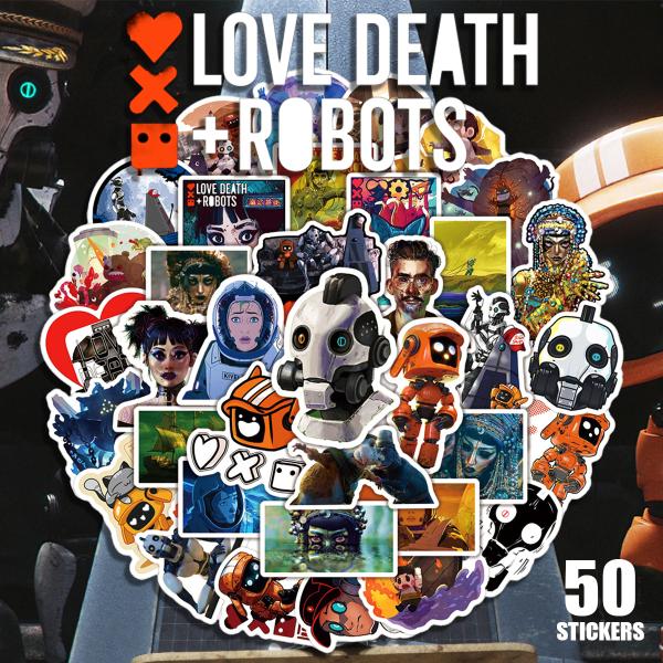 Love, Death &amp; Robots ( ラブ、デス&amp;ロボット )のステッカー50枚セット。防水加工ですので幅広い用途でご使用頂けます。スーツケースやパソコン、スケートボードなどに最適！ステッカーは1枚ずつ形に合わせて切...