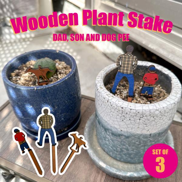 【商品説明】プランターピックの3種セットです。パパ、息子と犬で仲良く植物におしっこしてる姿がユニークです。【サイズ】パパ 12cm息子 10cm犬 8cm【素材】木製【特典】★ネコポス送料無料★＜注意＞ネコポスは発送から1~2日程度で到着い...