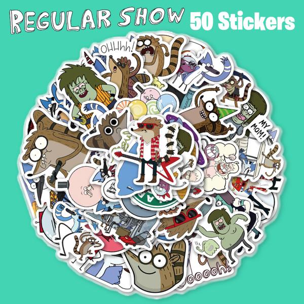 Regular Show ( レギュラーSHOW〜コリない2人〜 )のステッカー50枚セット。楽器やパソコン、スーツケース、スケートボードなどに最適！ステッカー個別の縦横寸法はデザインによって異なります。1枚あたり縦横約5-8cmほどの大き...