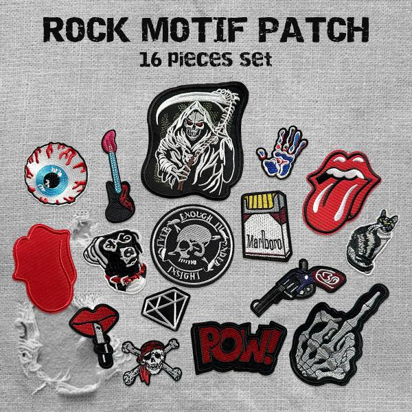 【商品説明】ロックやストリートをモチーフにしたワッペン16枚セット。アイロンで簡単に接着が可能です。(※アイロン時は当て布をして下さい)バッグやジャケットのカスタマイズにぴったりです。【素材】ポリエステル【サイズ】縦横 約4-8cm【デザイ...