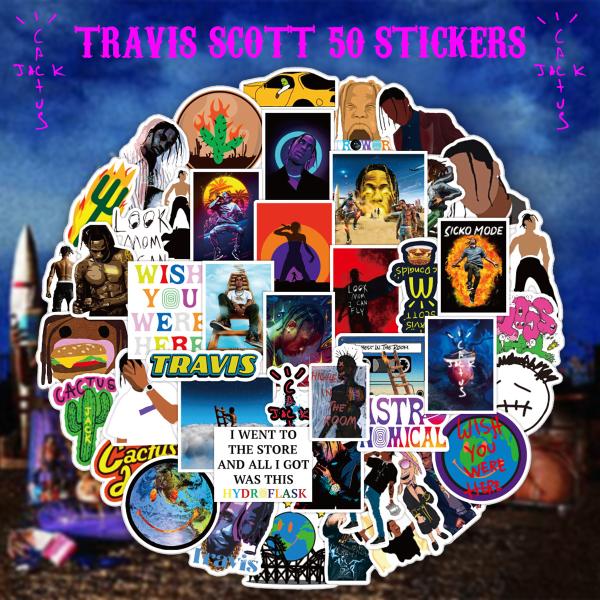 Travis Scott ( トラヴィス・スコット )のステッカー50枚セット。PVC 防水加工。楽器やパソコン、スーツケース、スケートボードなどに最適！ステッカー個別の縦横寸法はデザインによって異なります。1枚あたり縦横約5-8cmほどの...