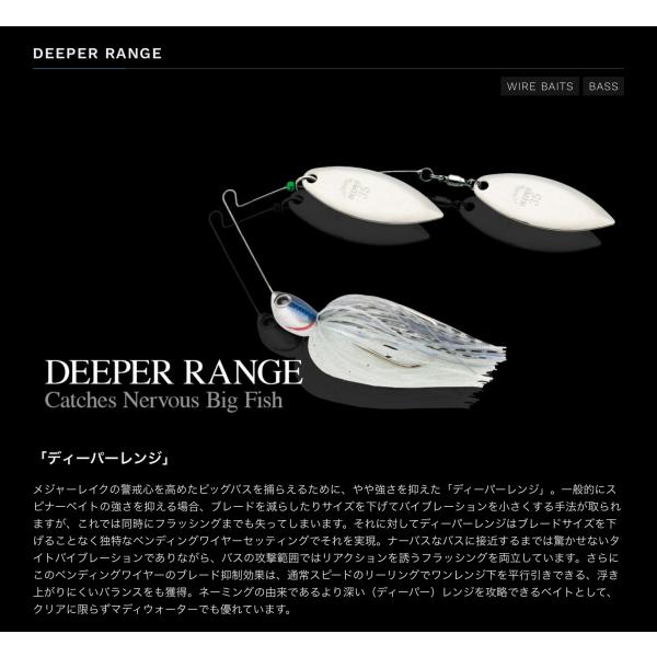 メジャーレイクの警戒心を高めたビッグバスを捕らえるために、やや強さを抑えた「ディーパーレンジ」。一般的にスピナーベイトの強さを抑える場合、ブレードを減らしたりサイズを下げてバイブレーションを小さくする手法が取られますが、これでは同時にフラッ...