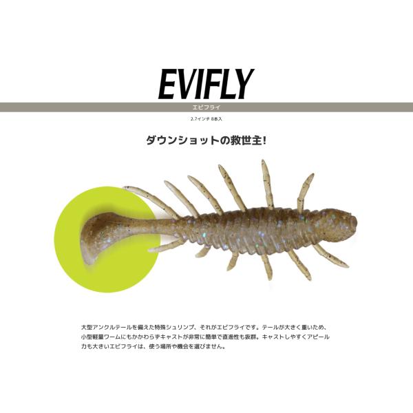 大型アンクルテールを備えた特殊シュリンプ、それがエビフライです。テールが大きく重いため、小型軽量ワームにもかかわらずキャストが非常に簡単で直進性も抜群。キャストしやすくアピール力も大きいエビフライは、使う場所や機会を選びません。