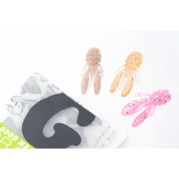 グッドミール クロー1.5″ はエビやカニなどの甲殻類をイメージしたもので、水中で各パーツが水を動かしながら波動を生み、その存在を強くアピールします。グッドミールシリーズの中でも自重があるので、より遠くに飛ぶのも特徴です。