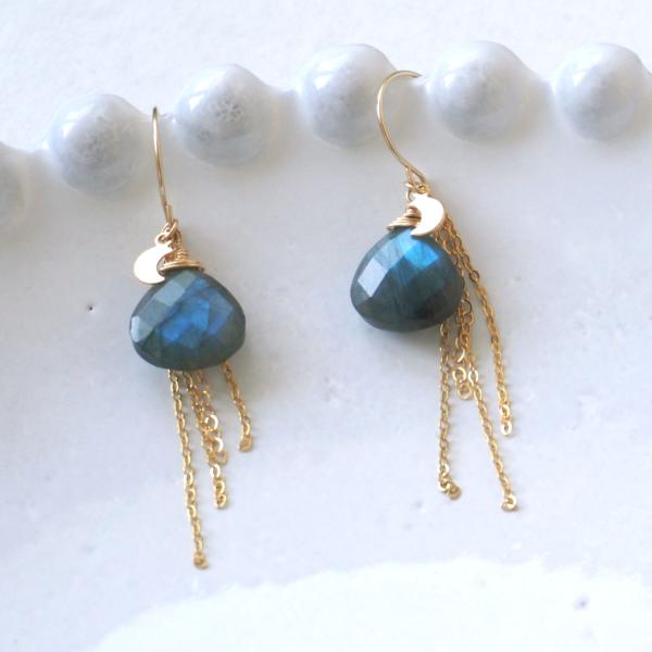 カッティングが美しいドロップ型の天然石ラブラドライトと小さな三日月の金属モチーフとチェーンが飾られたピアスです。ラブラドライトは光の反射や角度によってブルーに美しく輝きます。全ての金属にはゴールドフィルドを使用。金属アレルギーの方にも大変人...