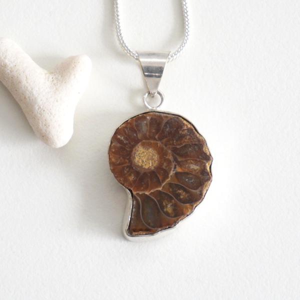 シルバーのスネークチェーンのトップにアンモナイトの化石が飾られたネックレスです。大粒で存在感があり、シンプルなお洋服のアクセントに最適です。トップはチェーンから着け外しが可能です。【素材】アンモナイト、真鍮+SV925メッキ【サイズ】全長約...