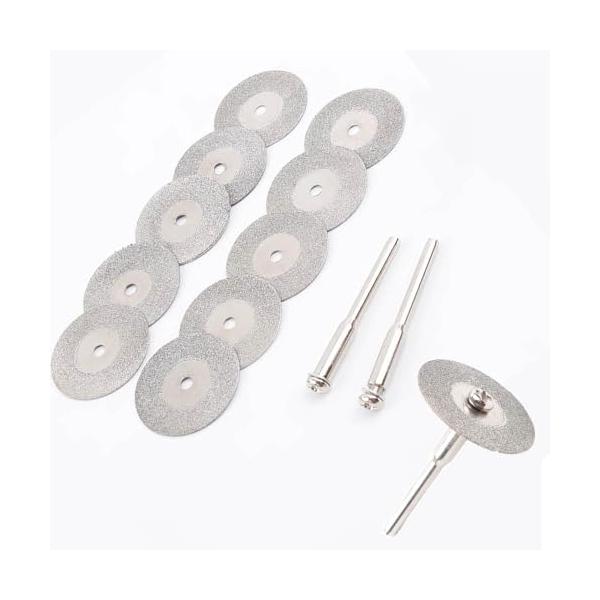 -/-/YJ052・包装内容：ダイヤモンドカッターホイール10個、2つのコアシャフト。・寸法：カッターホイール直径：22 mm、コア軸の直径：3 mm、2つのコアシャフト：長さ33 mm。・材料：粉末合金の熱プレス成形を採用し、使用寿命が長...