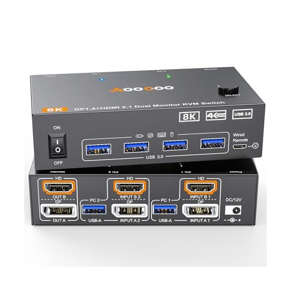 8K HDMI DP KVM 2 IN 2 OUT-/2 入力 2 出力 HDMI+DP KVM スイッチ/0027685245656・Size:2 入力 2 出力 HDMI+DP KVM スイッチ・デュアルモニターKVMスイッチ2イン2ア...