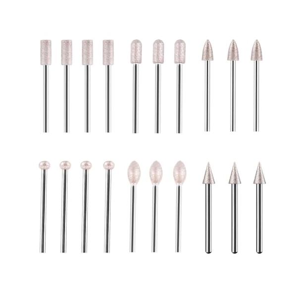 -/-/3mm・20点の実用セット：直径6mmのヘッド形状：球型、先丸円筒型、楕円型、円柱型、テーパー型、砲弾型；6種類電着ダイヤモンドビット，ほとんどの研削盤および回転工具と互換性があります。形状用途によっていろいろと使い分けが出来、いろ...