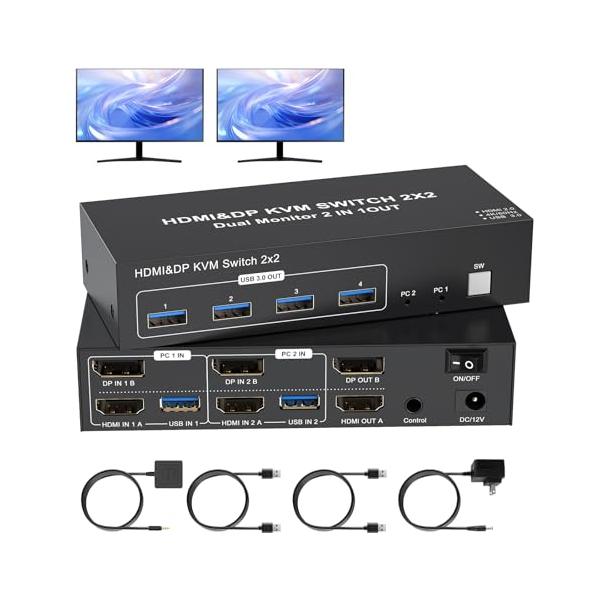 ブラック/2 入力 2 出力 HDMI+DP KVM スイッチ/TA202A-U3HD-4K・Size:2 入力 2 出力 HDMI+DP KVM スイッチ・デュアルモニターKVMスイッチ2イン2アウトこのデュアルモニターKVM HDMI+...