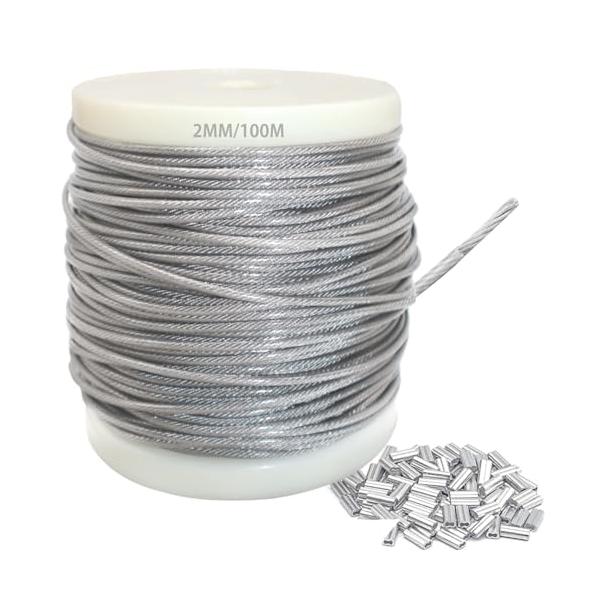 シルバー/-/Diameter: 2mm Length: 100m・Shape:2mm x 100m PVC被覆・製品仕様製品名：ワイヤーロープ 直径2ミリメートル、8ワードアルミスリーブ100個と100メートルの長さそこにはPVC被覆。 ...