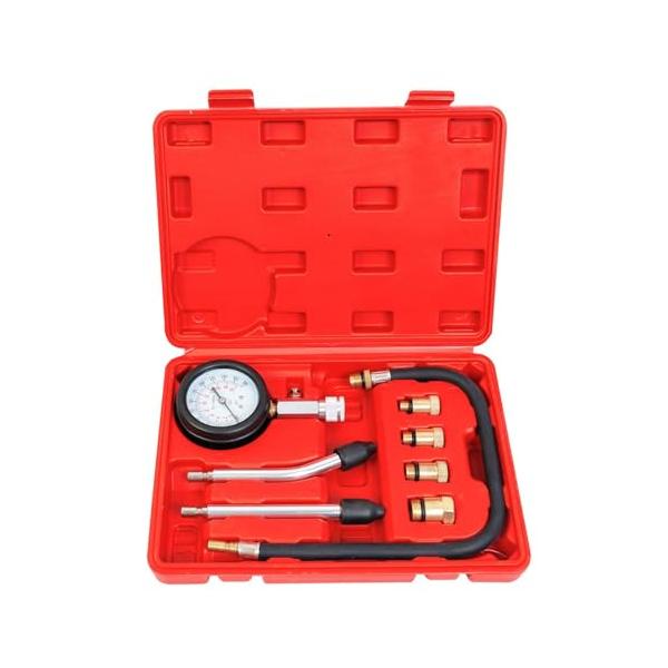 商品仕様圧力計径：75mm。測定範囲：0〜300PSI（0-21 kg/cm2）。4条ネジサイズ：M10/M12/M14/M18各1点・適用範囲自動車やバイクなどを取扱うことができます。初心者でも簡単に使用できます・材質延長ホースは耐久性の...