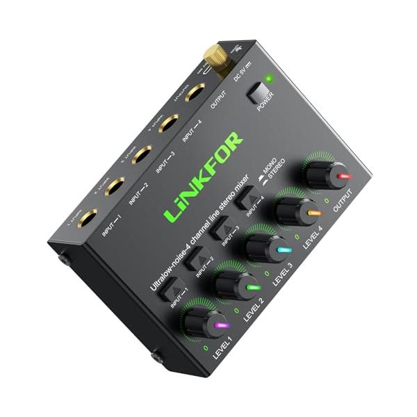 -/-/6.35mm 4 With RGB・多機能4チャンネルオーディオミキサー4チャンネルの信号を混合し、複数の音源の音を1つの出力に集め、ヘッドホンやスピーカーに接続して聴くことができる4チャンネルミキサーです。 小型のクラブやバーのマ...