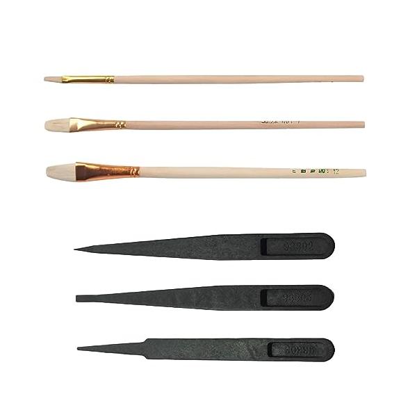 -/-/NN-00237・金箔貼り作業にピッタリのセット：金箔を貼り付ける際に注意が必要な静電気を防止できる3種類のピンセットと、接着剤を塗ったり、余分な金箔を払ったりする用途で使える3種類の筆が揃ったセット品です。金箔工芸にもピッタリのセ...