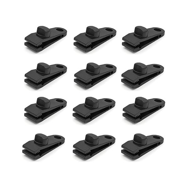 ブラック/12点 クリップ/-・Size:12点 クリップ・製品仕様素材:PP製、サイズ:8.4*2.6*1.2cm（長さ×幅×高さ）穴径1.2cm、重量約18g1個、パッケージ:テントクリップ12個入、色：ブラック。・特別な設計＆強い固定...