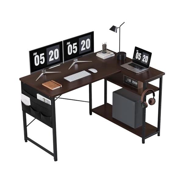 l字デスクダークブラウン/幅107cm/-・Color:ダークブラウンSize:幅107cm・棚は左右に取り替えができるL字型の棚の左右も切り替え自由なので、様々なシーンにあわせます。サイドの収納袋の位置もL字型の本棚の位置に合わせて変える...