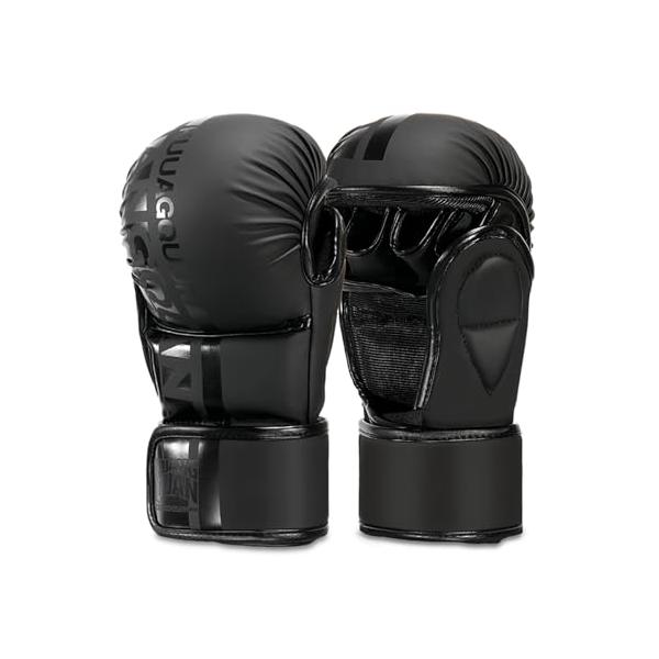 ブラック/M/-・Color:ブラックSize:M・総合格闘技の練習に最適: このオープンフィンガーグローブは、MMA、ボクシング、ムエタイ、空手、テコンドーなどの格闘技の練習に適しています・耐久性と保護性: 高品質の合成皮革製で、手の甲と...
