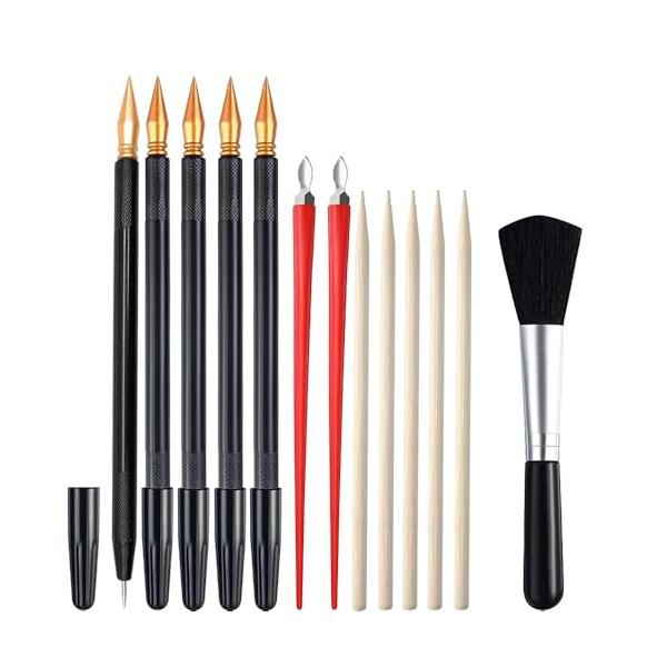 ブラックレッド/-/-・セット内容：スクラッチペン5本＋スクラッチャー2本＋バンブースティック5本＋ブラシ1本、計13本。・黒の万年筆は両端が使えます。ペン先の太さは細字と極細の2種類があります。竹串は黒ペンより太く、赤ペンは大きく削ること...