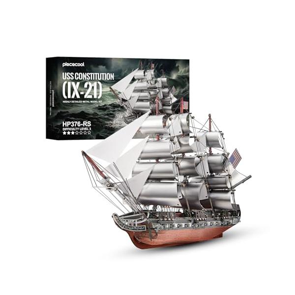 コンスティテューション号-/-/HP376-RS・Style:コンスティテューション号・挑戦的な組み立て：難易度。難易度は中級者向けの3つ星と設定されており、金属製の複雑な部品を組み上げる達成感のある作業、ある程度の集中力と手先の器用さが必...