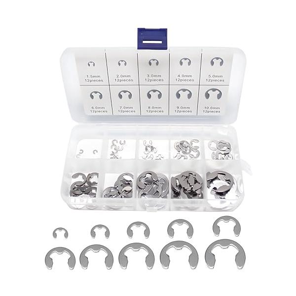 シルバー/-/YJ047・具体的な寸法10サイズ各12枚120枚：1.5 mm、2 mm、3 mm、4 mm、5 mm、6 mm、7 mm、8 mm、9 mm、10 mm。・製品E型クランプは機械と設備の軸溝に取り付けられ、軸上の部品の軸方...