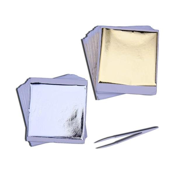 パケージ内容美しい輝きの模造金箔フェイクゴールド（模造銀箔フェイクシルバー）200枚セット（金銀2色各100枚）となり、非磁性のピンセットが付きます。極薄の壊れやすいものなので、風や静電気にご注意ください。静電気を防止する非磁性のピンセット...