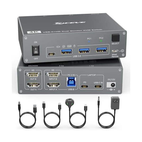 2 x 2 USB-C HDMI KVM切替器・Style:2 x 2 USB-C HDMI KVM切替器・2画面共有のKVMスイッチこのデュアルモニター PC 切替器は、1組のキーボードとマウスで2台のPCデスクトップ＋ラップトップ を制...
