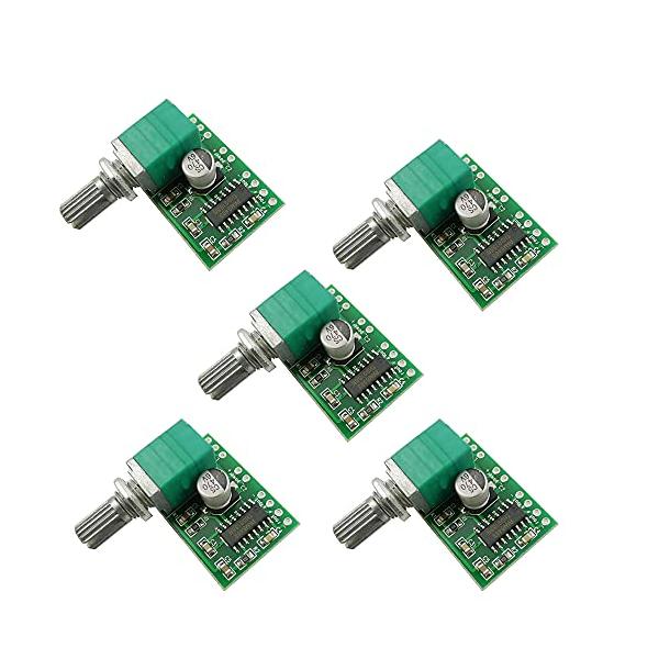 パッケージ個数:5・最大出力電力：3W*2（5V 4Ω）・動作電圧：2.5V-5.5V・PCBのサイズ： 長さ：30ミリメートル，幅：21ミリメートル・注意：電源が5.5V以下であることを確認してください。そして、+と  - 逆極性を行わな...