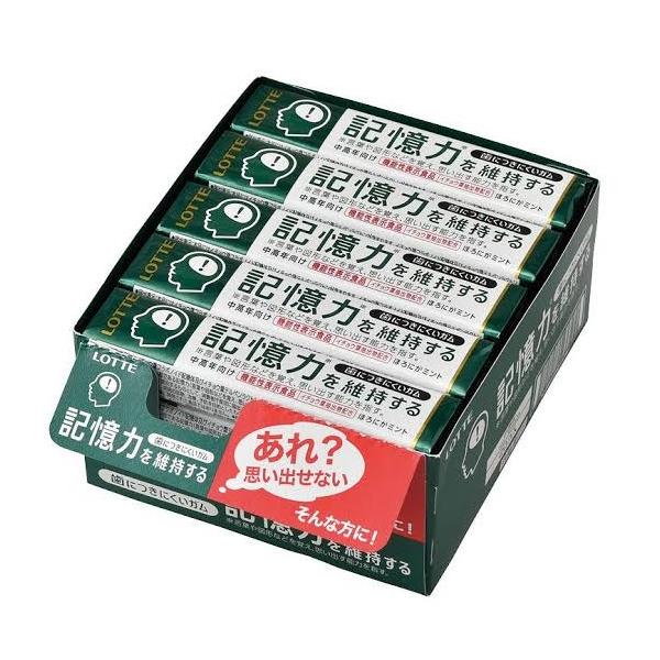 機能性表示食品イチョウ葉抽出物を配合しており、イチョウ葉抽出物には中高年の方の認知機能の一部である記憶力（言葉や図形などを覚え、思い出す能力）を維持することが報告されていますまたロッテオリジナルの歯につきにくいガムベースを配合した“歯につき...